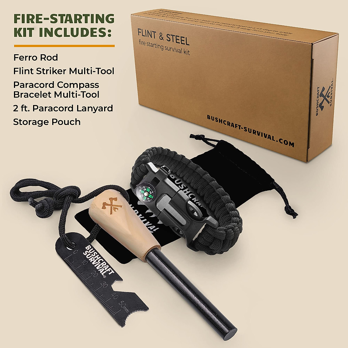 Bushcraft Survival Ferro Rod Fire Starter Kit & Backpacking Multitool | Flint and Steel Striker w/Paracord Bracelet Compass & Whistle | Waterproof Magnesium Farrow Rod Tool & Firestarter for Campfires