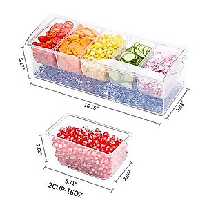 MJM Condiment Server, Condiment Tray, ice Party Serving bar, Chilled Caddy, bar Garnish Holder on ice, Condiment Dispenser, Salad Platter, Compartment Condiment Tray with lid
