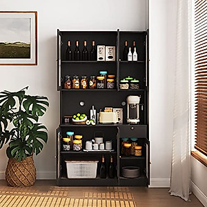 MIYZEAL Kitchen Pantry Storage Cabinet, 69'' Freestanding Pantry Cabinet with Cupboard and Microwave Stand, Modern Hutch Buffet Cabinet with 6-Doors and Drawer for Home Kitchen (Black)