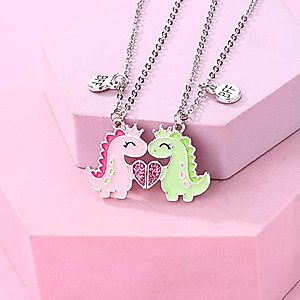 Best Friend Necklace Gifts Friendship Necklace Magnetic Matching BFF Necklace for 2 Girls Sister (Pink Green Dino)