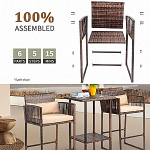 Outvita 3-Piece Outdoor Bar Height Chairs, Rattan High Top Patio Table and Chairs Front Porch Wicker Weaving Furniture Set for Deck Backyard Garden Poolside, Brown