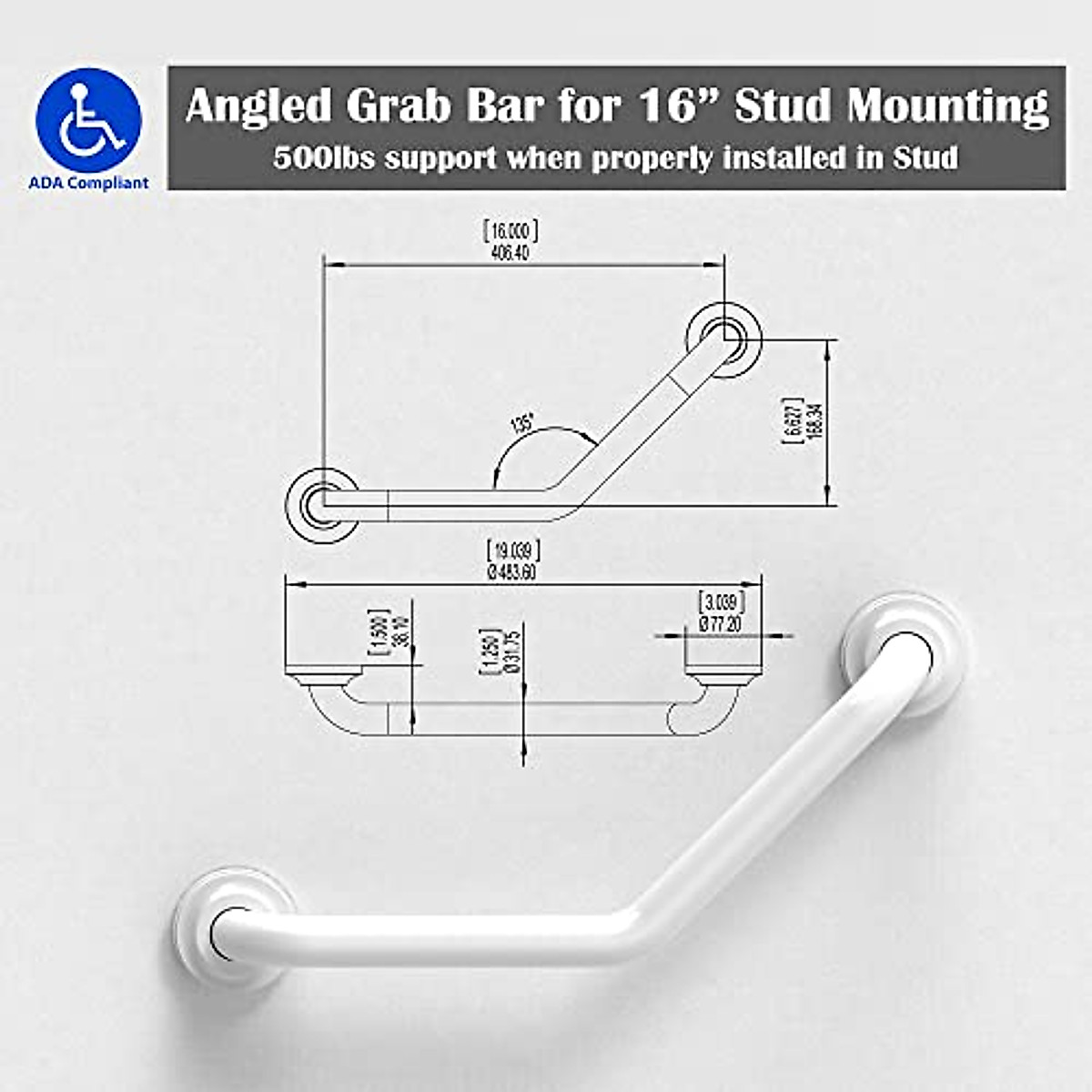 AquaChase 1-1/4 x 16inch Angled Grab Bar for Stud Mount with Knurled Grip, Bathroom Mobility Aid, ADA Compliant Heavy Duty 500lbs Support, Rustproof Stainless Steel (Brushed Nickel)