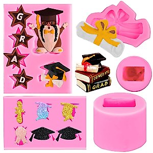 Whaline 4 Pieces Graduation Silicone Molds Graduation Gnome Grad Cap Diploma Star Chocolate Candy Mould Pink Grad Ice Cube Fondant Mold for Grad Party Cake Cupcake Topper Decoration