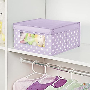 mDesign Medium Soft Stackable Fabric Baby Nursery Storage Organizer Holder Bin Box with Front Window and Lid for Child/Kids Bedroom, Playroom, Classroom - 4 Pack, Light Wisteria Purple/White Polka Dot