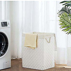 YOUDENOVA Handwoven Laundry Basket Hamper with Removable Bag and Lid, Collapsible Clothes Hamper with Handle, White