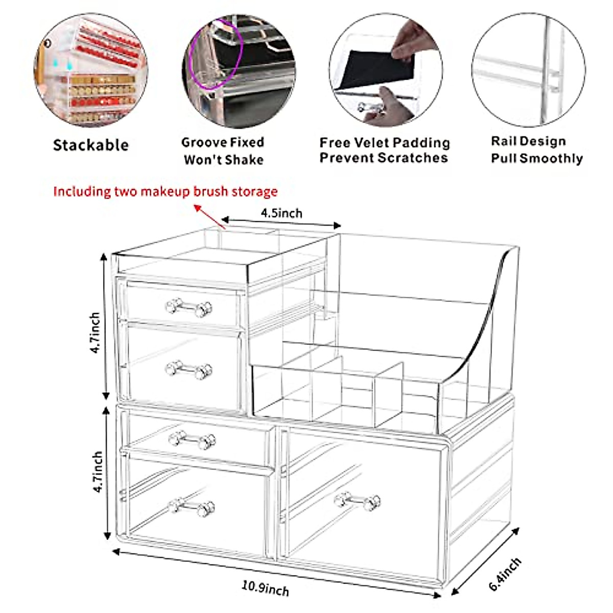 PENGKE Clear Makeup Organizer With Drawers,Stackable Cosmetic Storage Display Case for Vanity, Bathroom Counter or Dresser,Countertop Holder for Lipstick,Brushes,Eyeshadow,Nail Polish and Jewelry