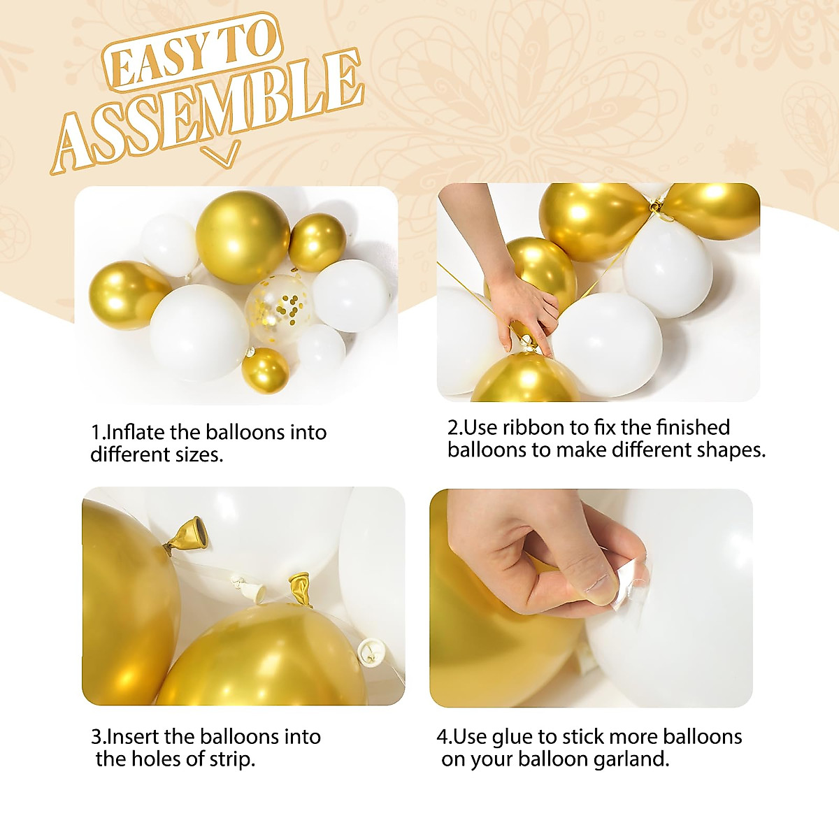 132pcs White and Gold Balloon Arch Kit, Metallic Gold and White Balloons Different Sizes of 18 12 10 Inch Balloons for Wedding Bridal Baptism Engagement Baby Shower Birthday Party Decorations