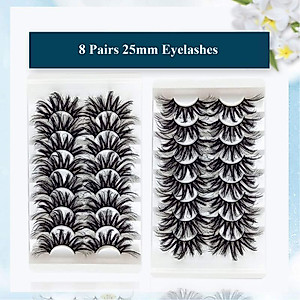 TEESTOU False Eyelashes 25MM Mink Lashes Strip Long Big Thick Fake Eyelashes Wispy Fluffy Halloween Eyelashes Pack 8 Pairs