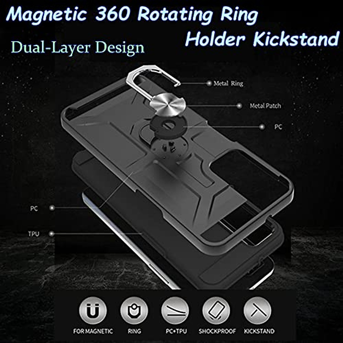 I VIKKLY Case for TCL 20 XE (XE Version Only) Case 2021,with HD Screen Protector, Military-Grade Hybrid Dual Layer Shockproof Case with 360° Rotatable Ring Kickstand Fit Magnetic Car Mount (Black)