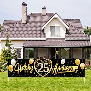 Kauayurk Happy 25th Wedding Anniversary Banner Decorations, Black Gold 25th Anniversary Sign Party Supplies, 25th Wedding Anniversary Decor Photo Booth for Outdoor Indoor