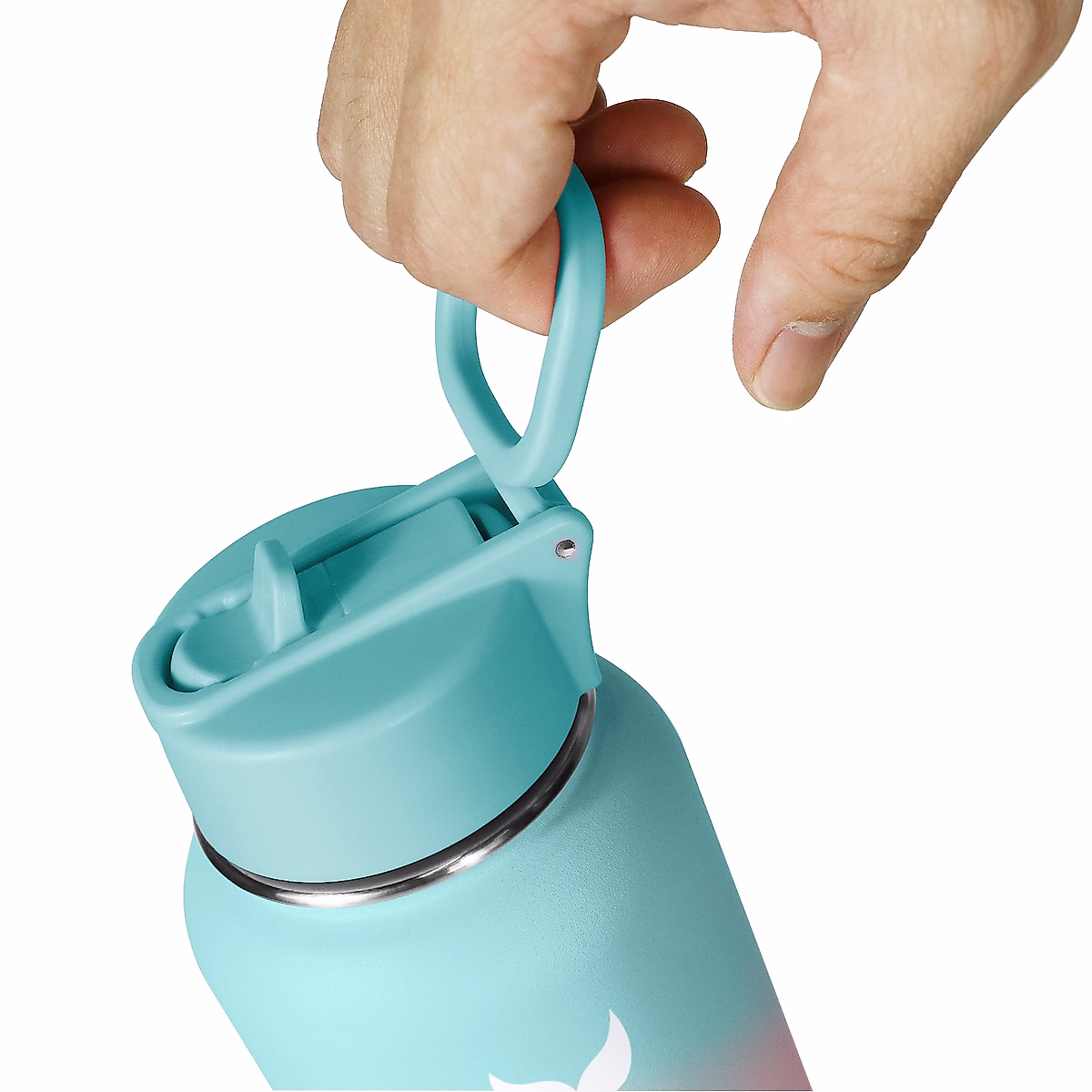 Vmini Water Bottle with New Wide Handle Straw Lid, Wide Mouth Vacuum Insulated 18/8 Stainless Steel, 4 Straws and 2 Brushes, 32 oz, Gradient Mint + Blue