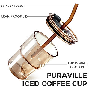 Puraville 12 oz Coffee Cup 2pcs Glass Cups with Lids and Straws Coffee Mug Set with Insulated sleeve Glass Tumbler Drinking Jar, Amber and Gray