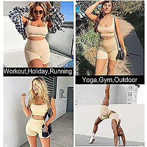 TWFRHC Women's Workout Sets Ribbed Tank 2 Piece Seamless High Waist Gym Outfit Yoga Shorts Sets