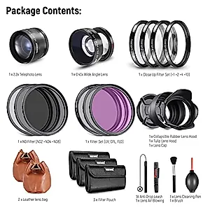NEEWER 58mm Lens and Filter Set: Wide Angle/2.2X Telephoto Additional Lens for 18mm-85mm APS-C Lens, (+1+2+4+10) Close Up Macro/ND/UV/CPL/FLD Filters for Camera Lens with ⌀58mm Thread