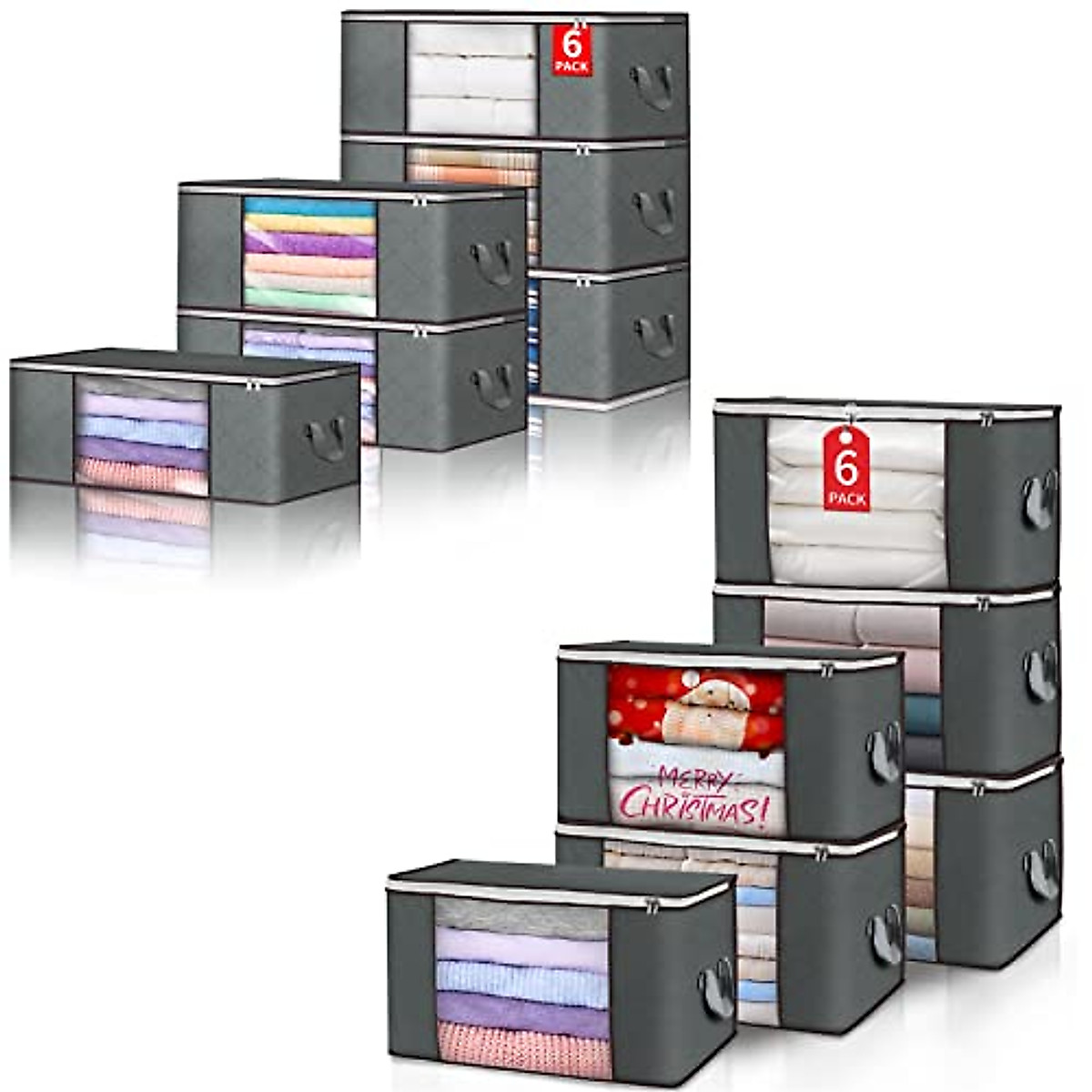 6 Pack 90L Large Storage Bags & 6 Pack 35L Clothes Storage Bags, Clothes Storage Bins Foldable Closet Organizers with Durable Handles with Clear Window for Clothes Pillow Blankets Bedding