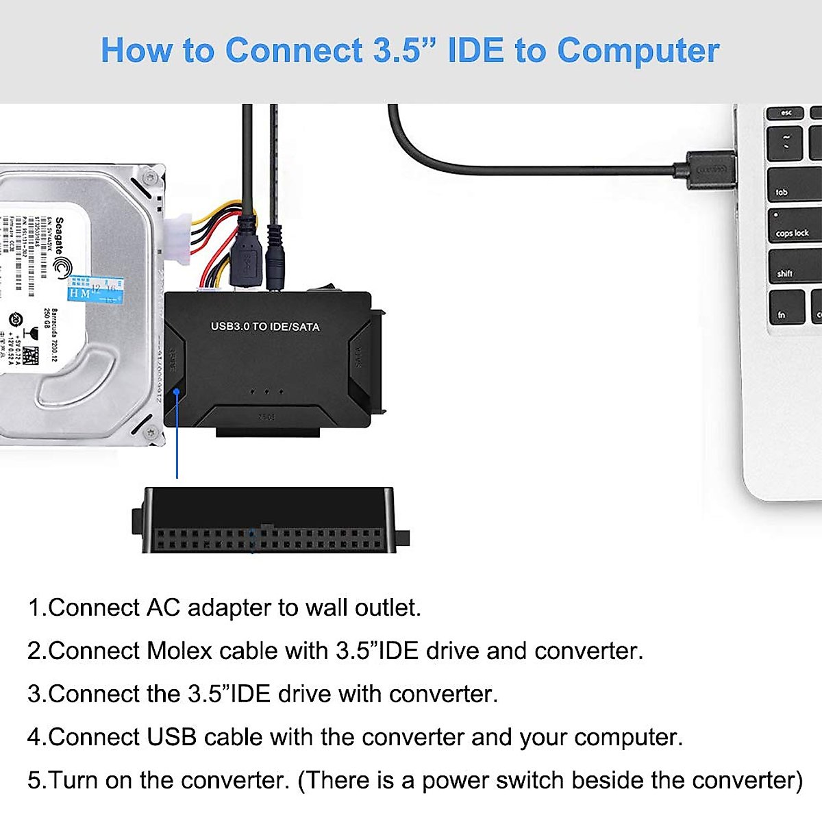 USB to SATA IDE HDD Adapter - USB 3.0 Cable to 2.5" 3.5" SATA IDE Hard Drive Converter for Windows 10/8/ 7/XP, Mac, Internal to External Laptop SSD Reader Kit, File Data Transfer Conversion Cord