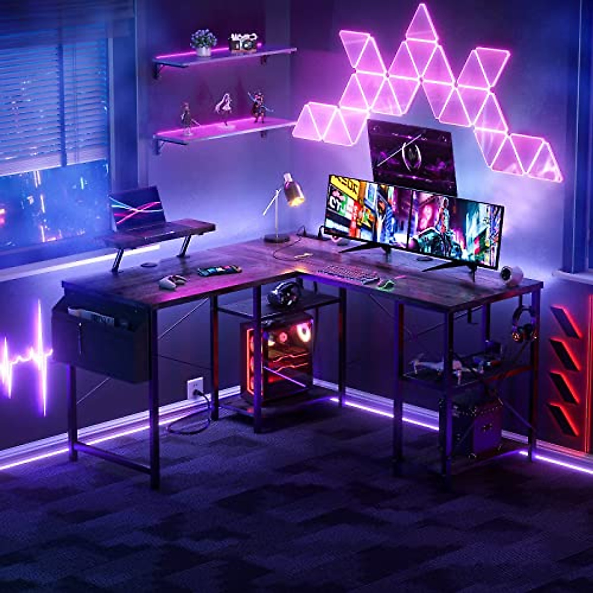 Aheaplus L Shaped Desk with Outlet and USB Charging Ports, L-Shaped Desk with Storage Shelves Reversible Corner Computer Desk 2 Person Long Table with Monitor Stand Gaming Home Office Desk, Oak