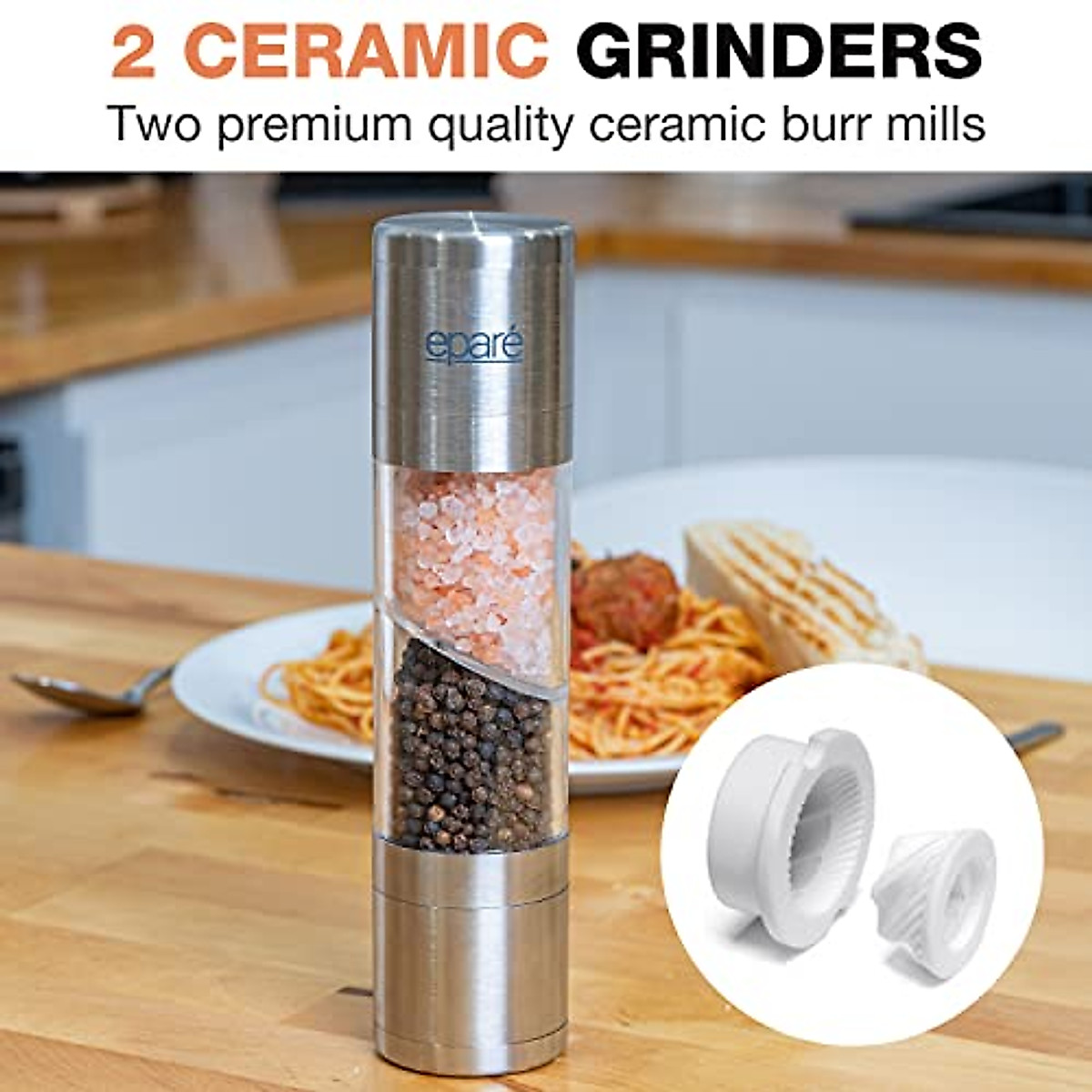 Eparé Salt and Pepper Grinder Combo - Refillable Peppermill Grinders - Modern Pink Himalayan Salt Grinder - Stainless Steel Manual Salt & Pepper Mill Shakers