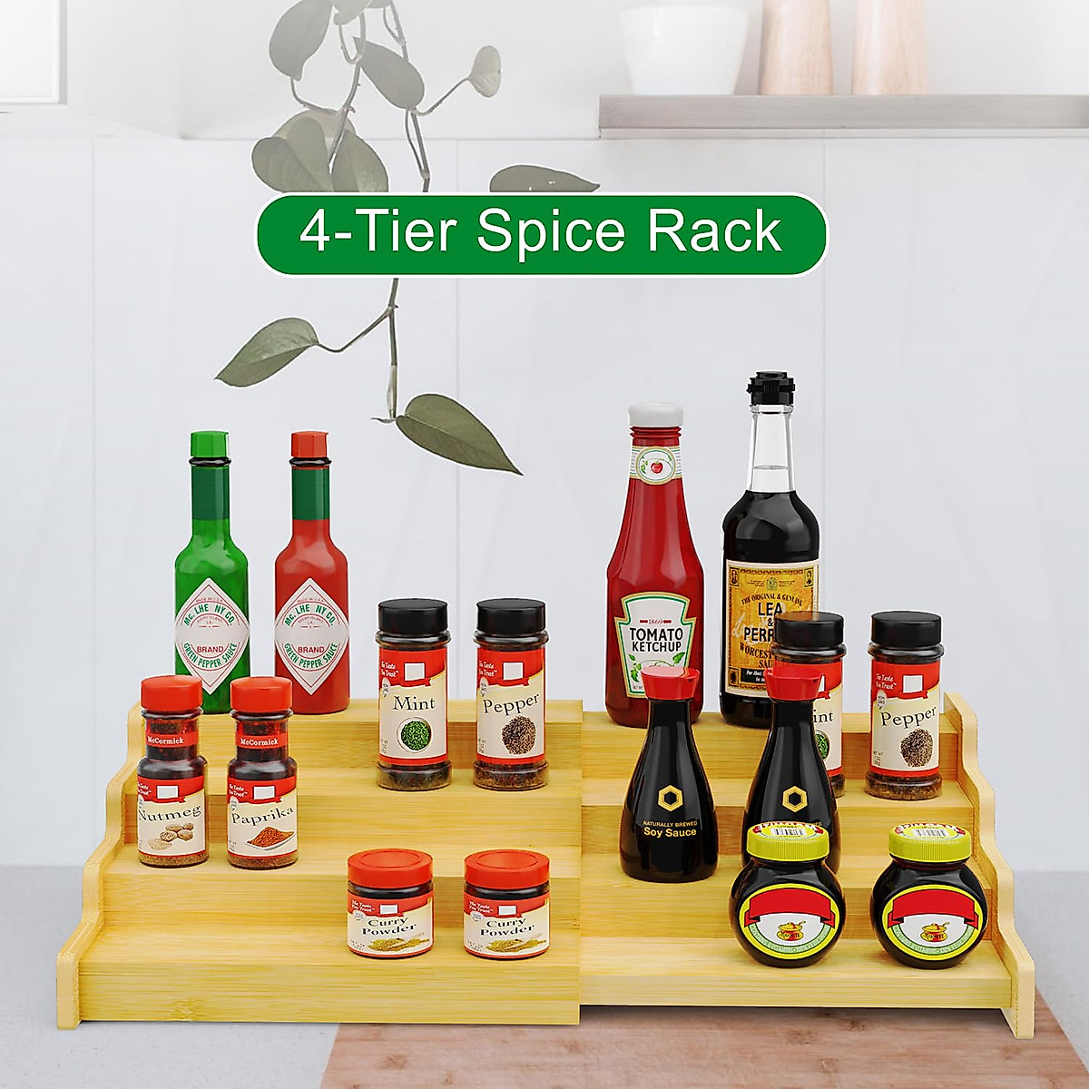 VOPOG Spice Rack Organizer for Cabinet, 4 Tier Expandable Spice Rack, Bamboo Spice Organizer for Kitchen Cabinet, Pantry and Countertop Organization- Natural