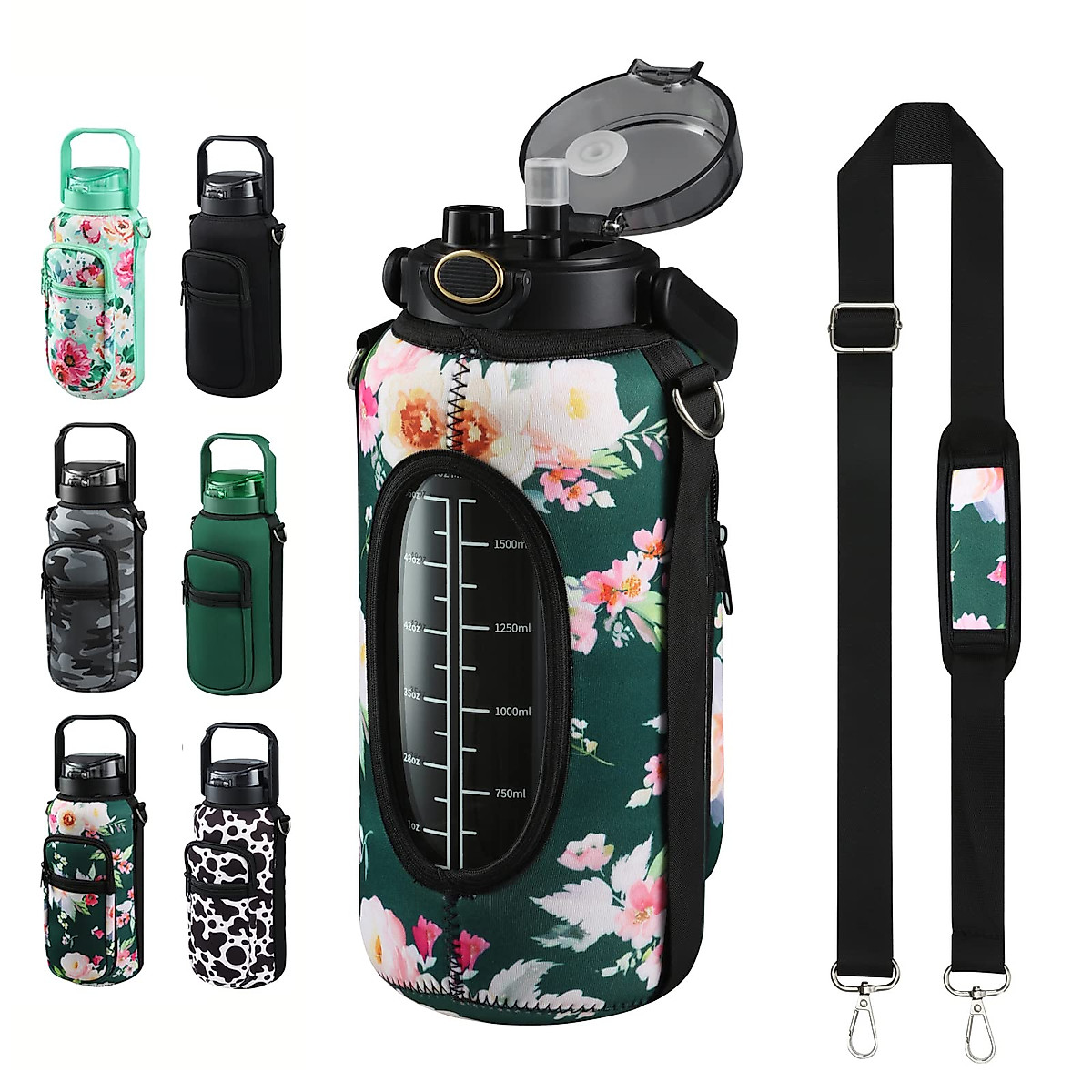 chunmo Half Gallon 64oz Glass Water Bottle with Straw and Storage Sleeve Motivational Water Bottle with Strap and Time to Drink 2L Leakproof Reusable Water Jug for Fitness Gym and Outdoors