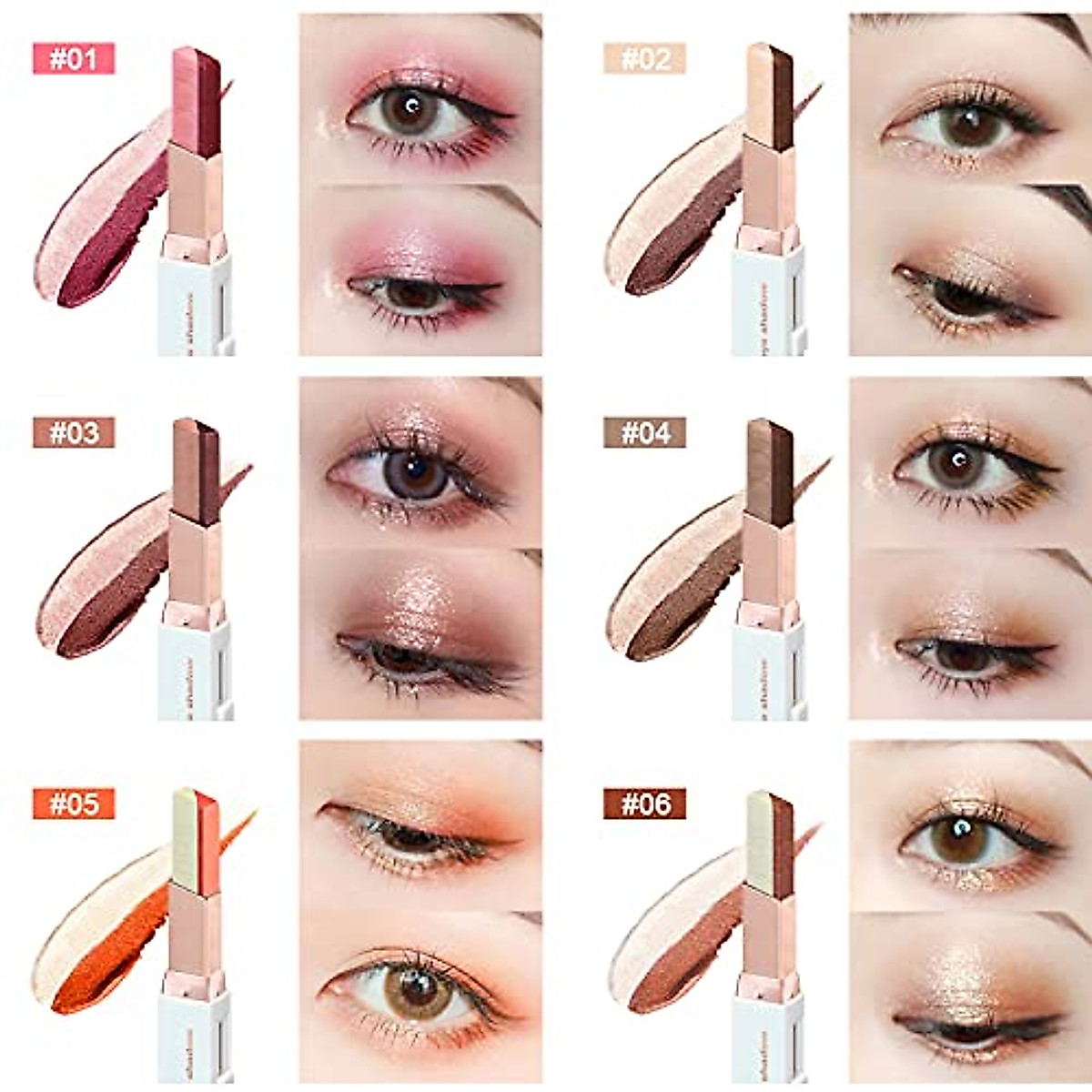 LOKFAR 12 Colors Glitter Eye-shadow Stick Set, Two-Tone Shimmer Gradient Eyeshadow Stick Double Colors Eyeshadow Stick Waterproof Glitter Eye Stick Eyeshadow Pen for Women Eye Makeup (6 Pcs)