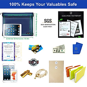 Fireproof Waterproof Money Document Bag - with 4200°F Heat Insulated, Safe Storage Pouch with Zipper, Upgraded 8 Layers of Functional Materials for Valuables (13.9"x10.6", Blue)