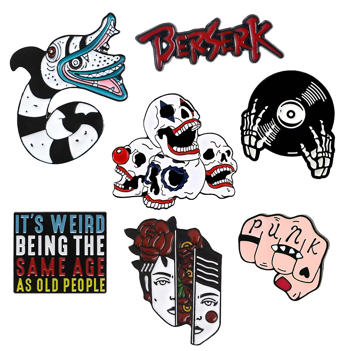Pibupibu 7 Pack Punk Enamel Pins Funny Skeletons Snake Pins for Jacket Backpacks (Berserk)
