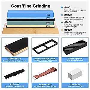 Sharpening Stone Whetstone Set, Knife Sharpening Stone Kit 4 Side Grit 400/1000 3000/8000, Professional Whetstone Knife Sharpener Includes Bamboo Base, Flattening Stone, Leather Strop & Angle Guide