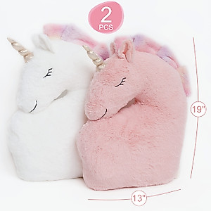Perfectto Design Set of 2 Decorative Unicorn Pillows for Girls Kids Bed Room - White Pink Fluffy Plush for Baby Girl, Cute Throw Pillows Bedroom Décor, Teepee