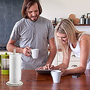 Farmhouse Paper Towel Holder Washed Beaded Paper Towel Stand Wood Paper Hanger Rack Standing Towel Roll Stand Organizer Paper Roll Holder Roll Dispenser for Kitchen Bathroom Countertop Cabinet, White