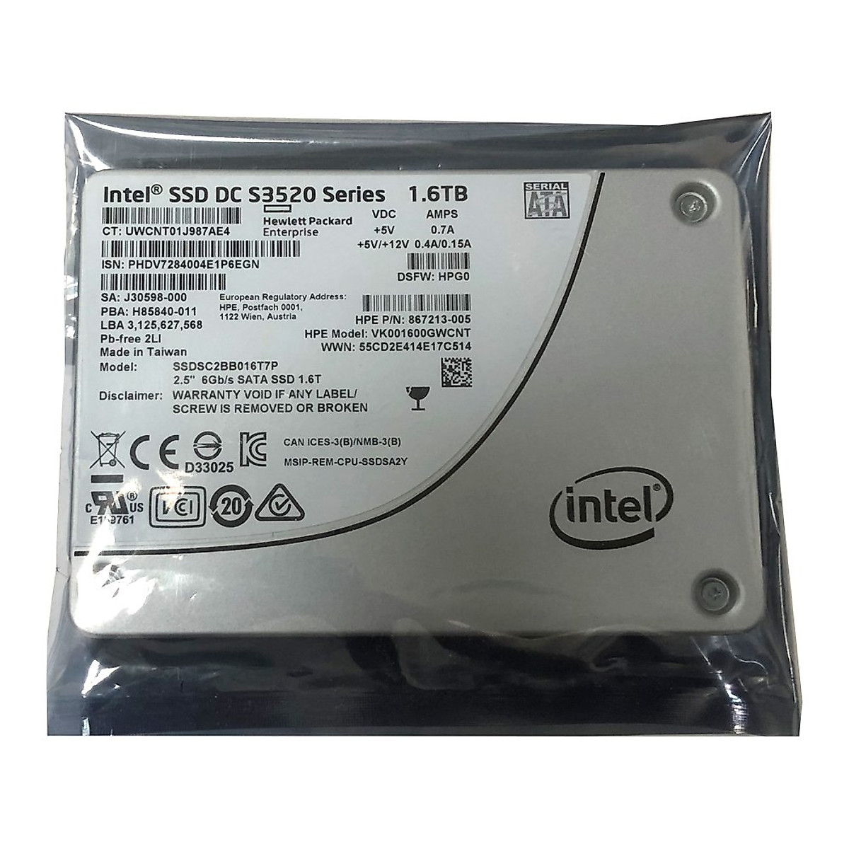 HP 867213-005 Intel DC S3520 Series 1.6TB 2.5-inch 7mm SATA III MLC (6.0Gb/s) Internal Solid State Drive (SSD) SSDSC2BB016T7P Model VK001600GWCNT - New OEM w/ 5 Years Warranty