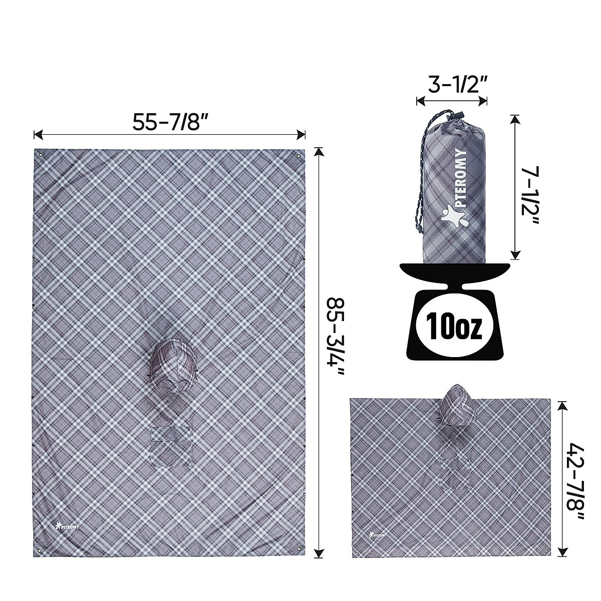 PTEROMY Hooded Rain Poncho for Adult with Pocket, Waterproof Lightweight Unisex Raincoat for Hiking Camping Emergency (Grey Grid)