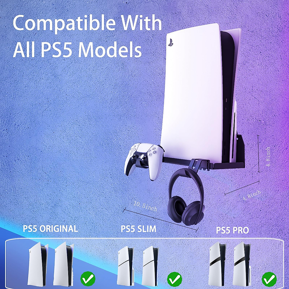BracNova Wall Mount For PS5 Original, PS5 Slim, and PS5 Pro-Steel PS5 Wall Mount Kit With 2 Removable Controller Holder And Silicone Backrest-Mounts PlayStation 5 on a Wall by Your TV