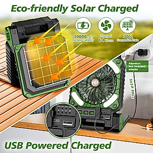 10000mAh Solar Powered Camping Fan with LED Lantern, 4 Speeds Powerful Wind Rechargeable Battery Operated Portable Fan, Cordless Desk Cooling Fan with 3 Timer & PowerBank for Travel Tent Worksite