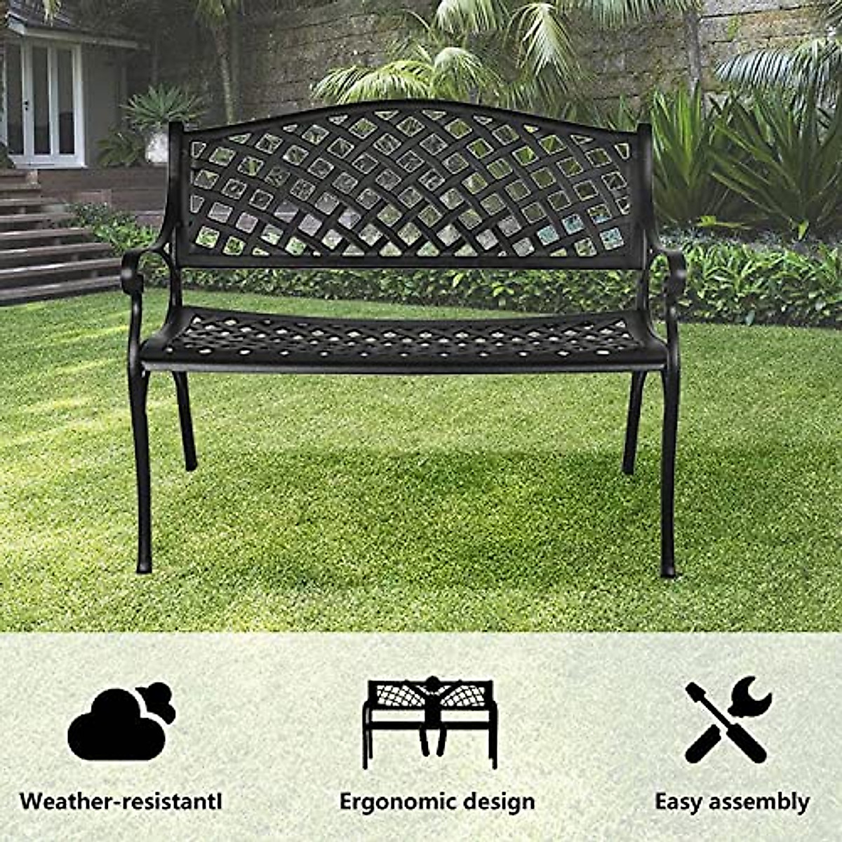Grepatio Outdoor Patio Garden Bench All-Weather Cast Aluminum Loveseats Park Yard Furniture Porch Chair Work Entryway Decor w/Checkered Design(Black)
