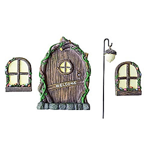 YAO Fairy Door with Windows for Tree.Including Fairy Lantern. Could Shine at Night. Give You a Fairy Garden.Fairy Door for Wall.Fairy Door for Garden.Garden Fairy Door,Fairy Garden Doors for Trees.