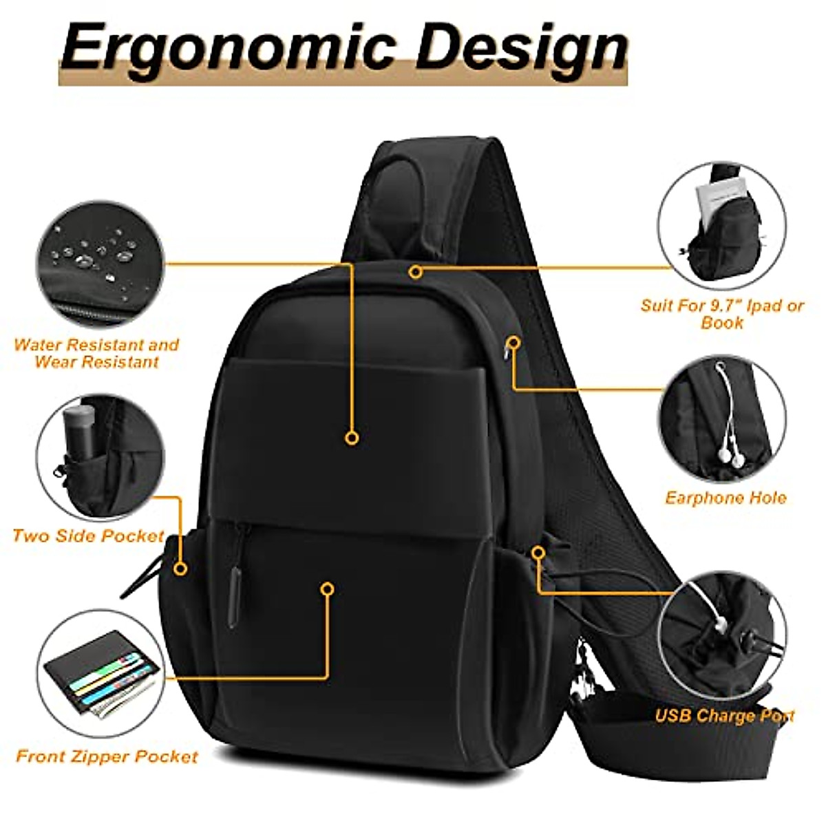 BOXJINCO Crossbody Sling Backpack Sling Bag Shoulder Bag for Men Women, Lightweight One Strap Backpack for Hiking Walking Biking Travel Cycling (Black)