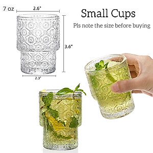 AVLA 8 Pack Vintage Drinking Glassware, 7 oz Romantic Water Juice Glass Tumbler Cup, Clear Stackable Coffee Cocktail Bar Drinkware for Beverages, Tea, Milk, Yogurt, Whiskey, Embossed Floral Pattern