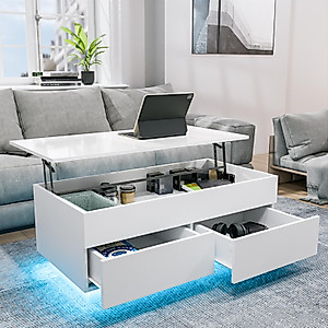 HOMMPA Lift Top Coffee Table with Hidden Storage LED Coffee table Morden High Gloss White Living Room 3 Tiers Tea Table with Storage Center Tables Hidden Compartment & 2 Drawers