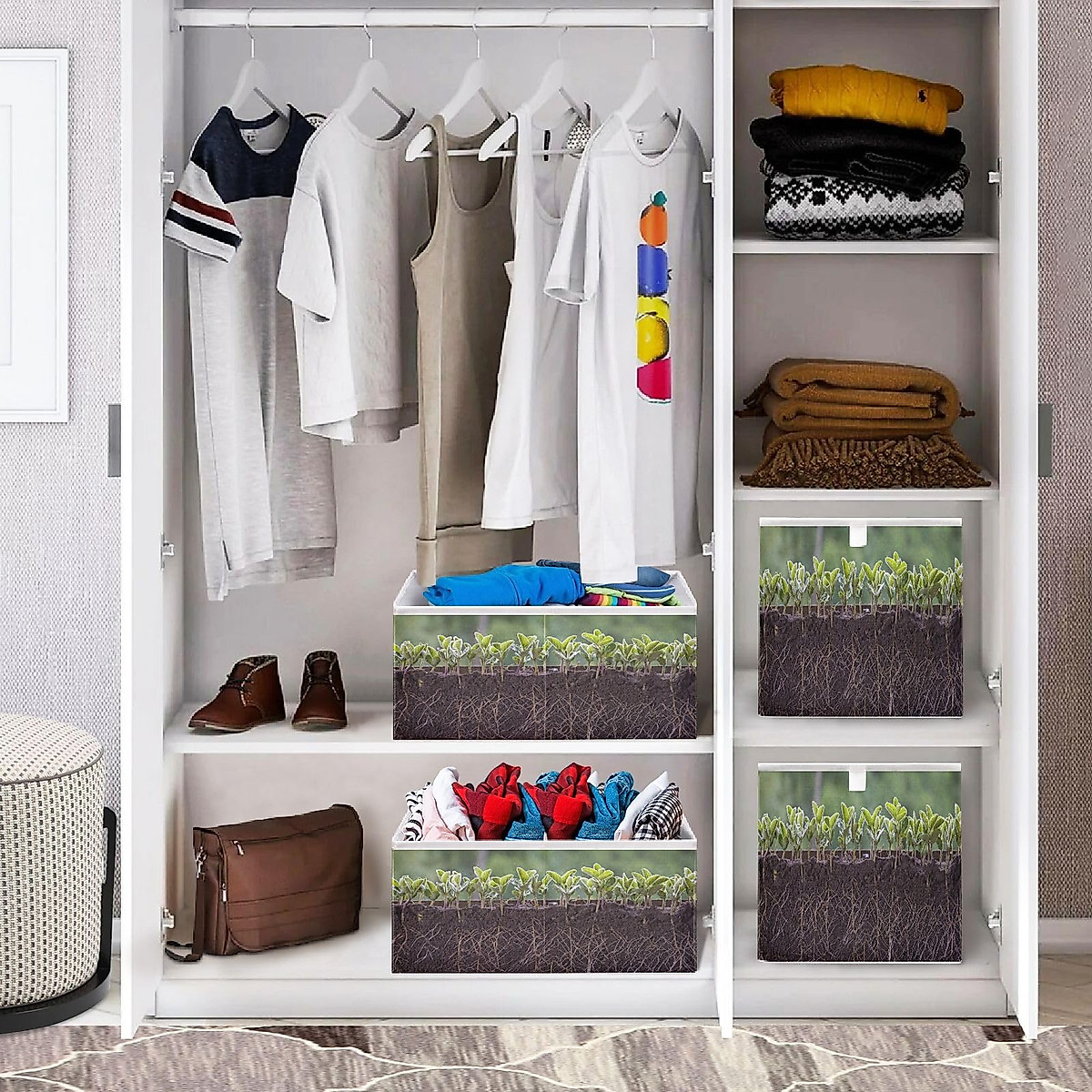 QUGRL Fresh Green Soybean Storage Bins Plants with Roots Foldable Storage Basket Fabric Storage Box Organizer for Clothes Toys Books Drawers Under Bed 15.75 x 10.63in