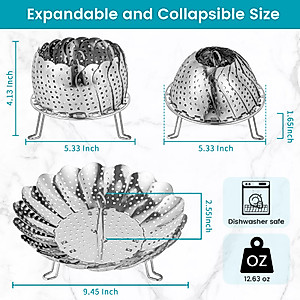 DELUXE Vegetable Steamer, Collapsible and Expandable Stainless-Steel Steam Insert Rack for Steaming Food, Compatible with Instant Pot and 3, 6, 8 Qt Cooking Pan (Small, 5.3 to 9.5 Inches)