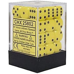 Chessex CHX25802 Dice - Opaque: 36D6 Yellow/Black, Small (10mm - 14mm)