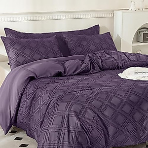 JELLYMONI Duvet Cover King Size - Purple Microfiber Tufted Duvet Cover Set, Boho Textured Duvet Cover Jacquard Rhombus Geometric Pattern Duvet Cover with Corner Ties & Zipper Closure