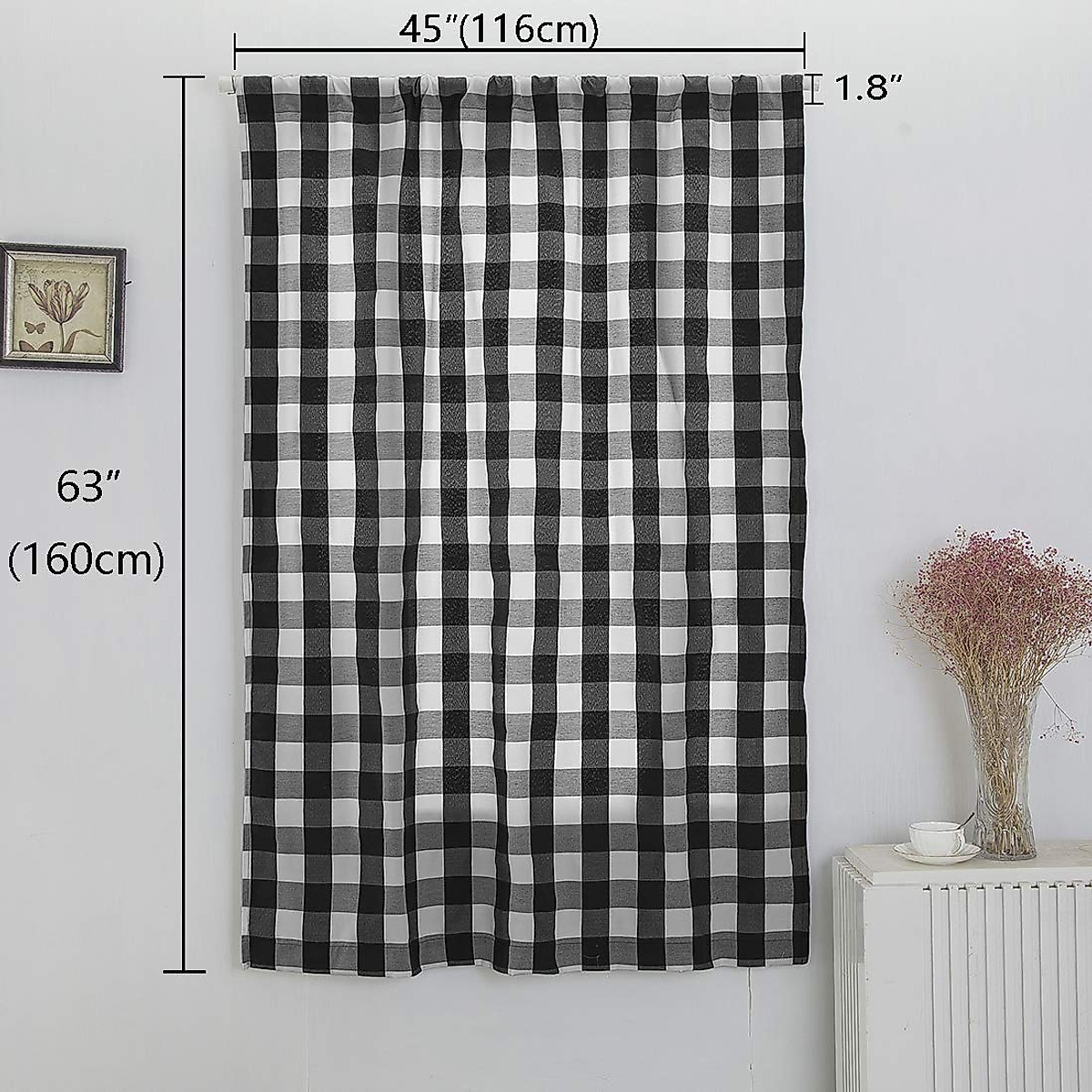 JAIJY Buffalo Check Plaid Balloon Drape Gingham Shade Tie Up Roman Valance Rod Pocket Classic Window Treatment Semi Blackout Curtains for Small Window Farmhouse Kitchen, 1 Panel, 63" Long, Black