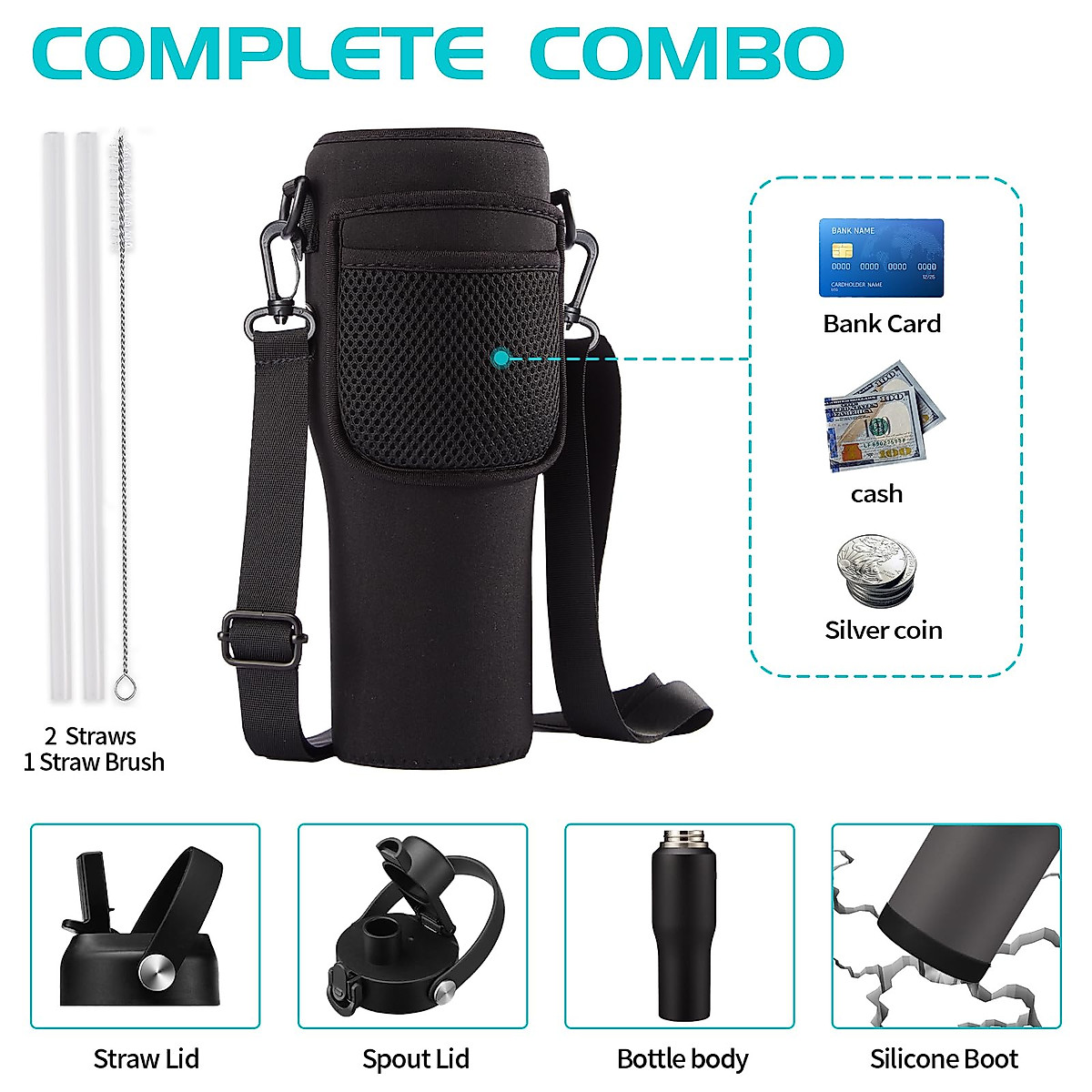 32oz Insulated Water Bottle Tumbler with Straw - Auto Spout Lid, Protective Boot, Carrier Pouch, Vacuum Stainless Steel Water Bottles Leak-Proof, Skinny Thermo Mug Flask Fit in Car Bike Cup Holder