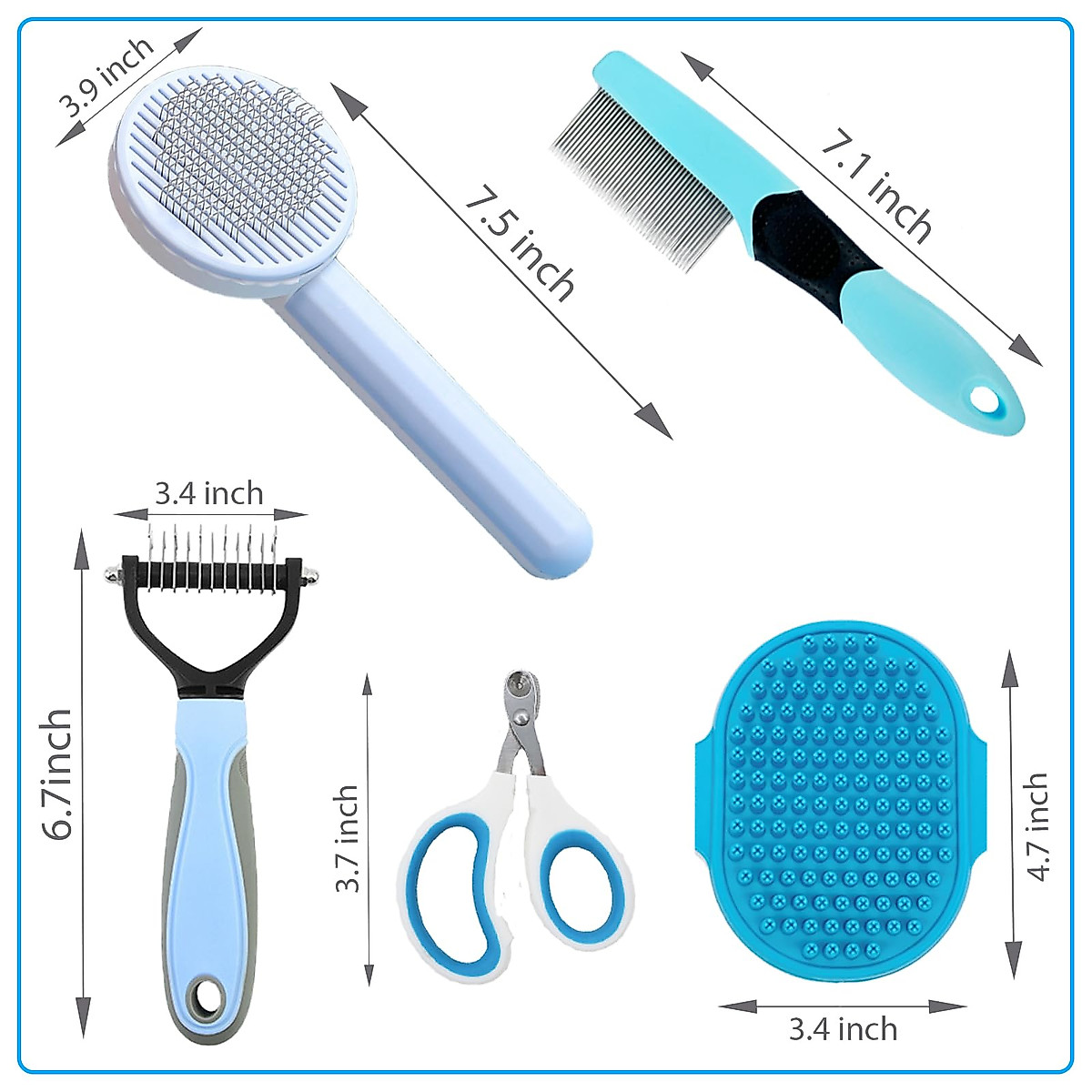 Grooming Brush Kit - 5pcs for Shedding & Matted Fur, Self-Cleaning with Flea Comb for Indoor Long-Haired Cats, Blue