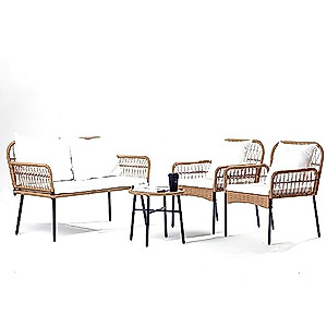 Homsido Patio Furniture Set 4 Pieces Small Boho Outdoor Rattan Woven Chairs Wicker Sofa Garden Conversation Balcony Bistro Sets for Yard,Pool or Backyard,Front Porch(Beige Wicker White Cushions)