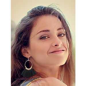 Hestya 2 Pairs Tassel Earrings for Women Girls Handmade 3 Tiered Tassel Dangle Earrings and Gold Hoop Earrings (Black)