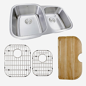 Nantucket Sinks 60/40 Double Bowl 16 Gauge Kitchen Sink with Cutting Board, Grids and Colander Drains