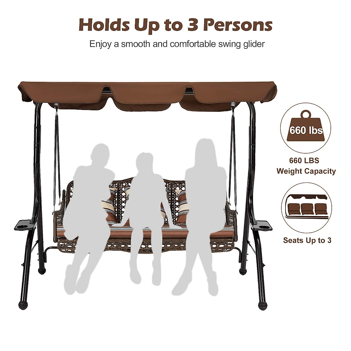 U-MAX 3-Seat Outdoor Patio Swing Chair, Large Converting Canopy Porch Swing Glider, Hammock Lounge Chair for Porch, Rattan Wicker Steel Frame Cushion & Pillow, Brown